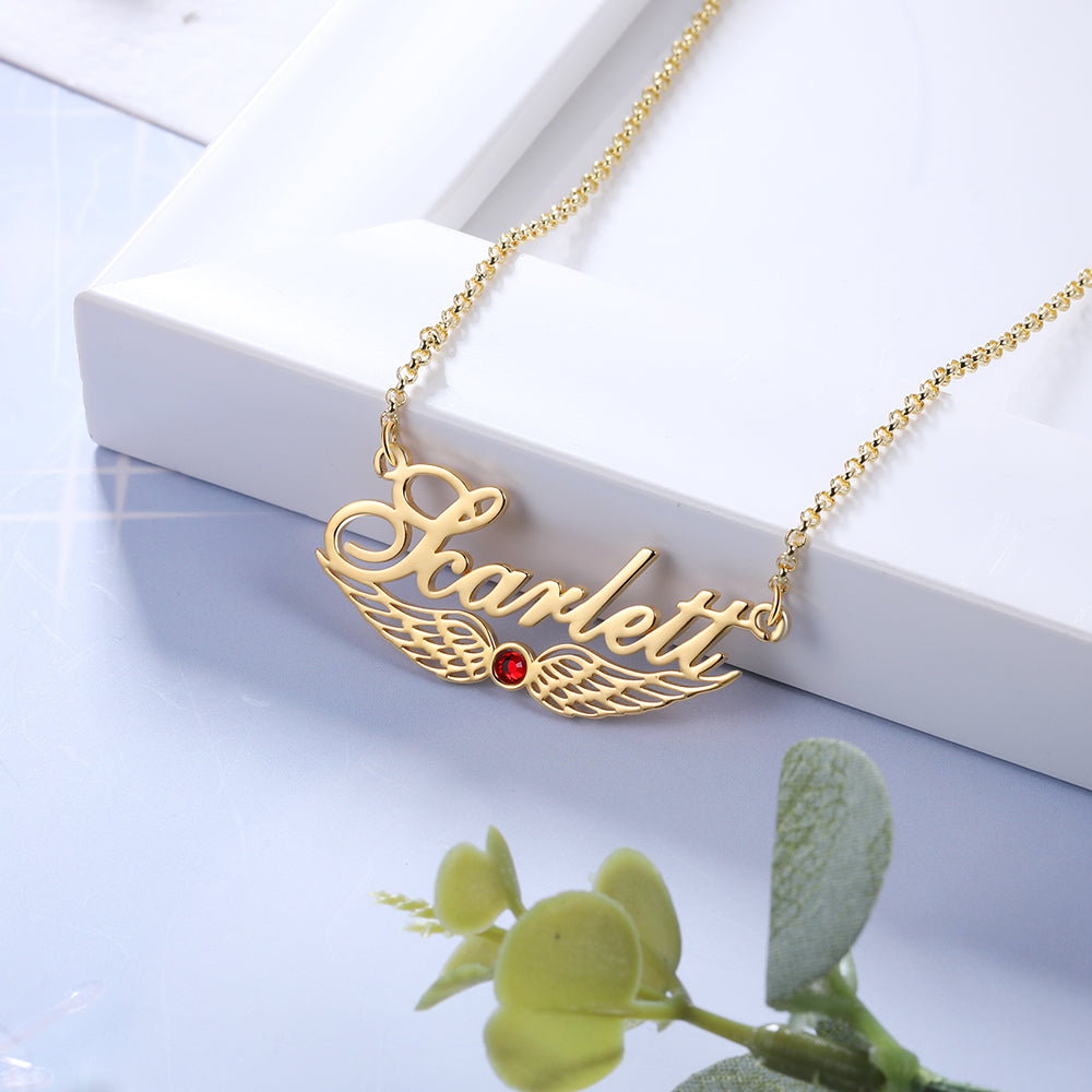 Personalised Angel Wings Name Necklace with Birthstone – Custom ...